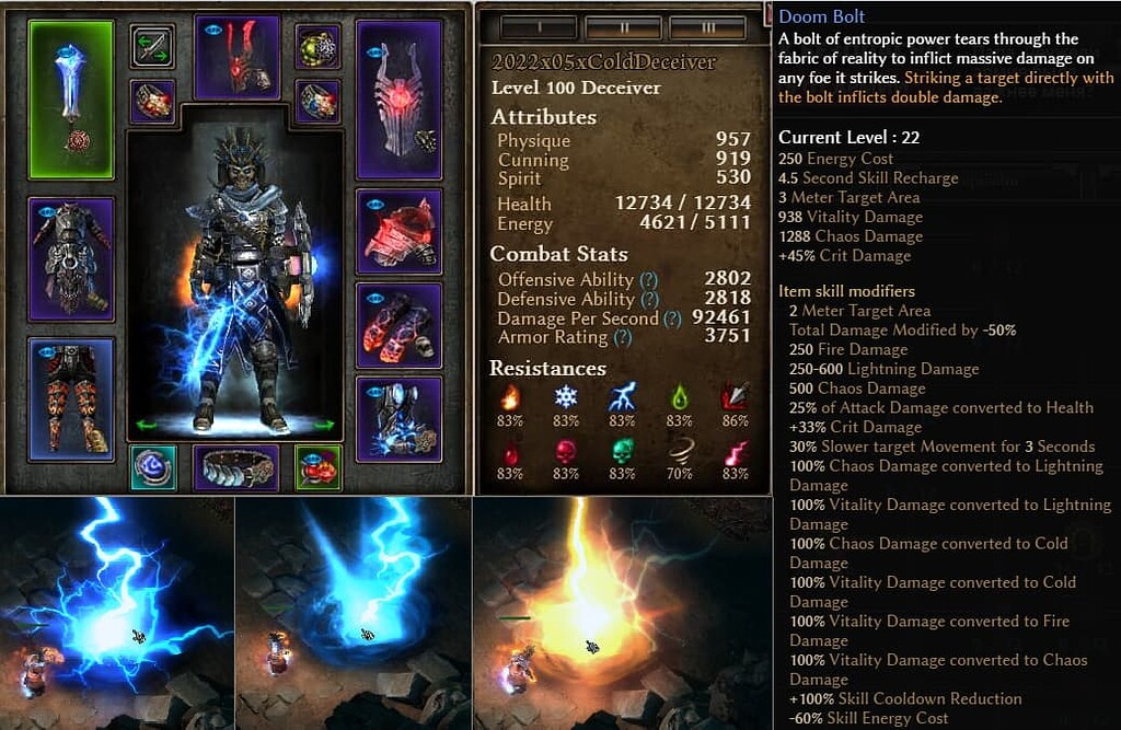 [1.1.9.5] Deceiver - Elemental Doom Bolt with -100% cooldown (cr, sr 85 ...